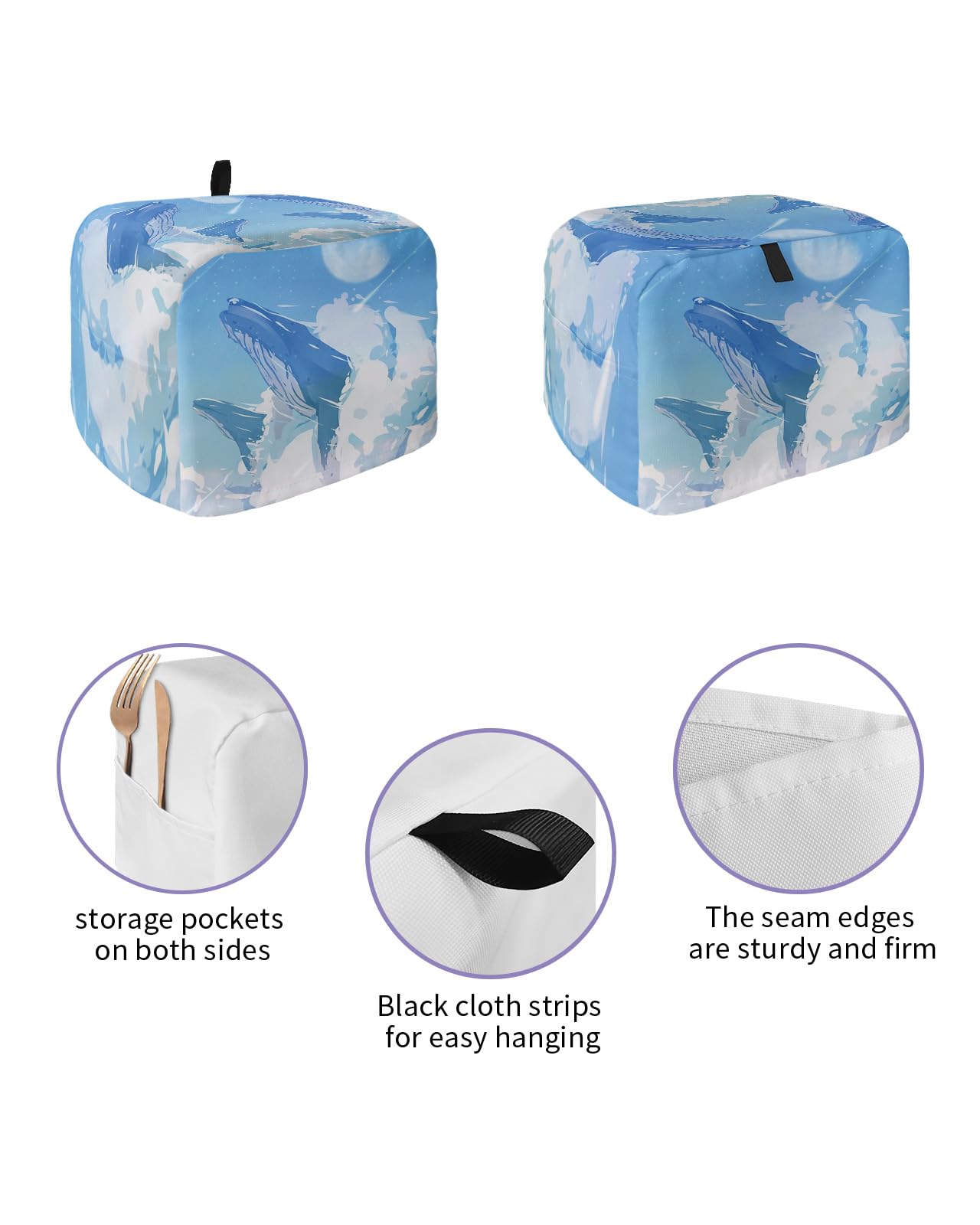 2 Slice Toaster Cover, Bread Machine Cover Summer Blue Sky and Sea Whales with Ocean Waves Kitchen Appliance Dust Cover with Top Handle Fingerprint Protection Lightweight Kitchen Toaster Cover