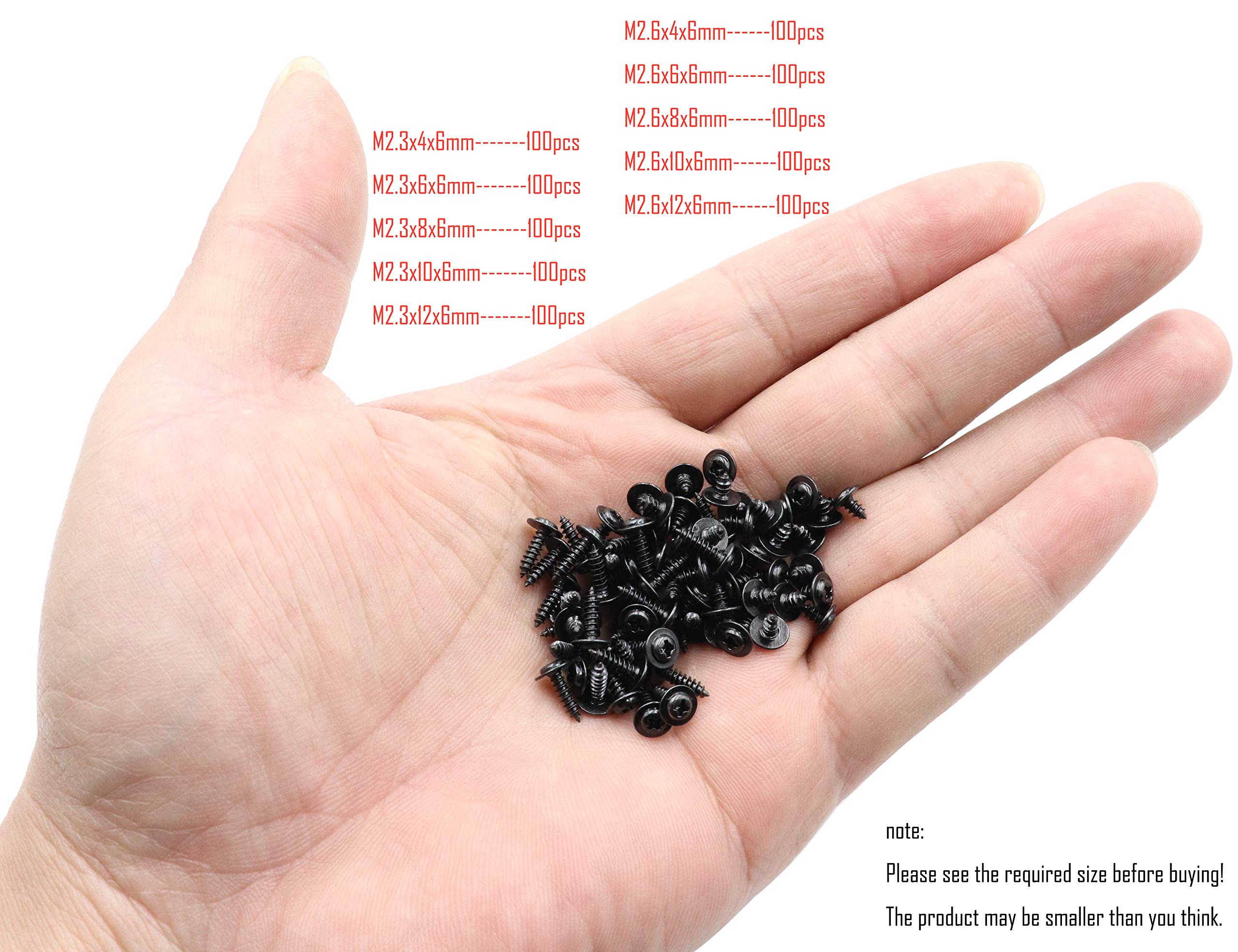 LBY 1000pcs M2.3 M2.6 Truss Head Self Tapping Screws, Wafer Head Screws, Pan Head with Washer Screw 10 Sizes Self Tapping Screws Assortment Kit, Carbon Steel (Blacking)