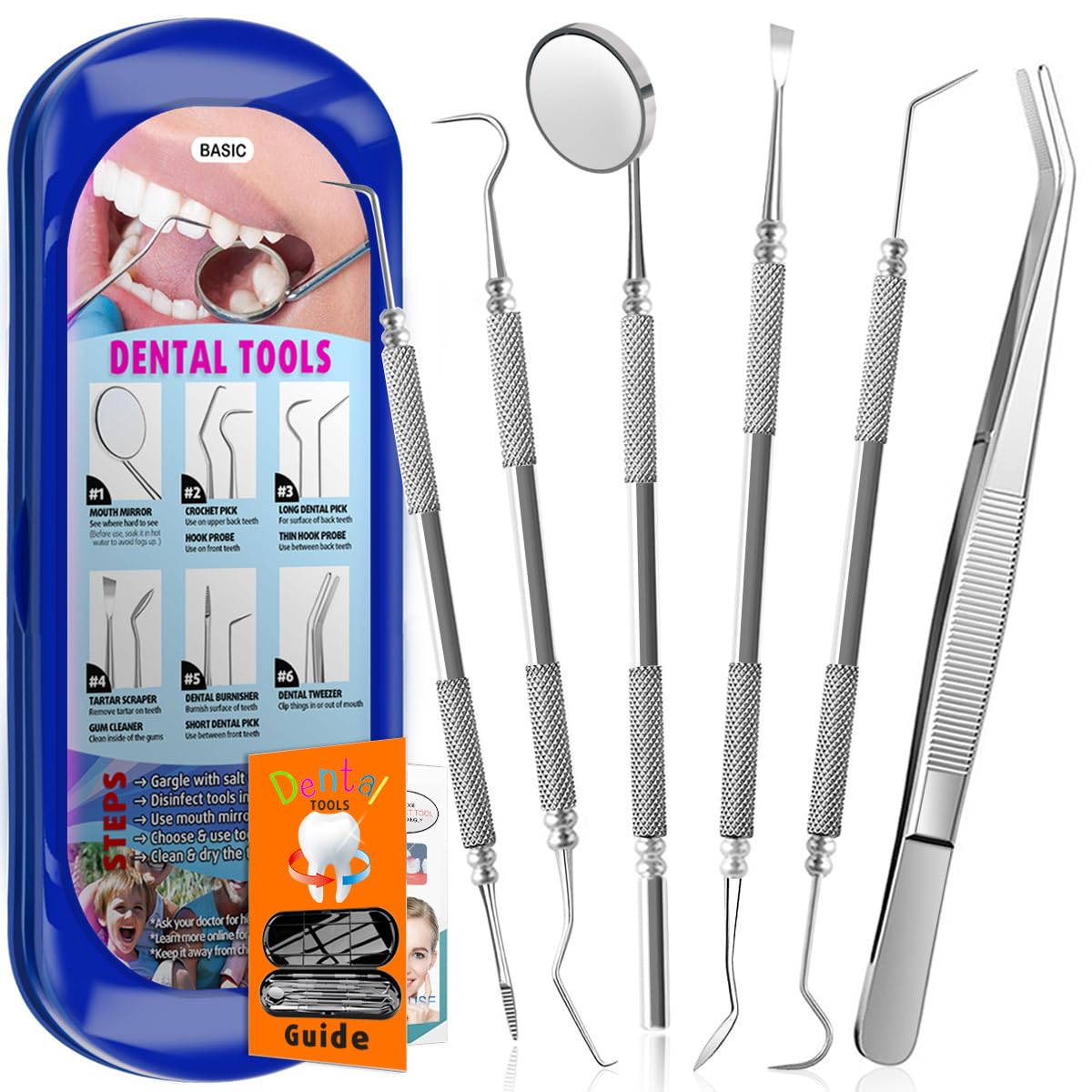 Antonki 6 Pack Teeth Cleaning Dental Tools, Plaque Remover Dental Hygiene Kit, Stainless Steel Professional Tooth Tartar Scraper for Home Use - with Case