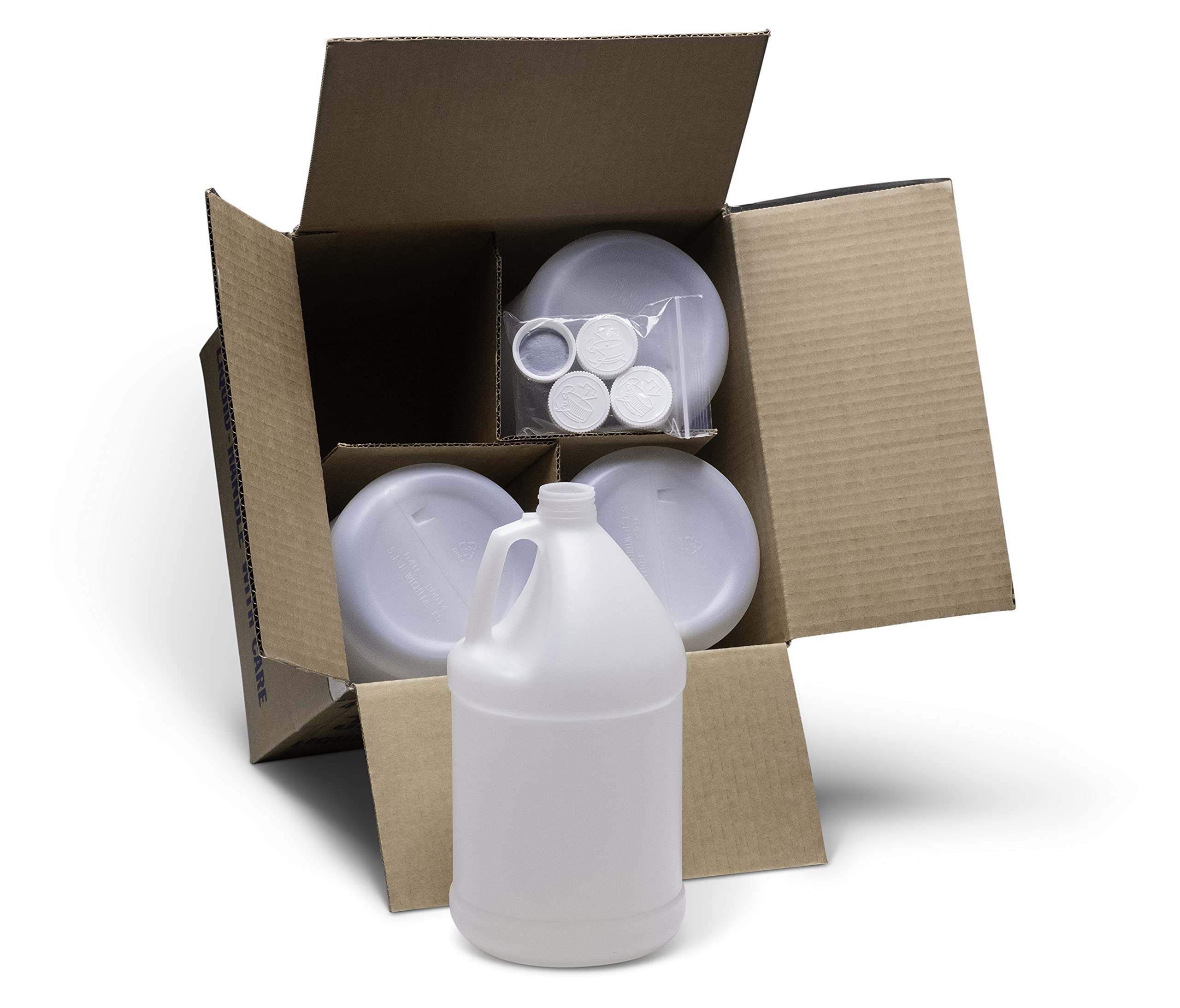 MHO Containers | 1 Gallon HDPE Plastic Jug with Reshipper Box and Child-Resistant Caps | Made in USA β Pack of 4