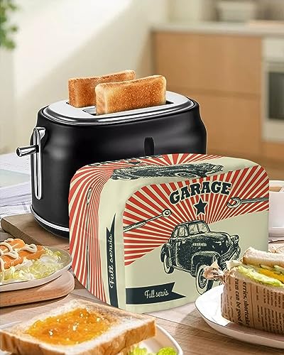 2 Slice Toaster Cover 1960s Retro Car Garage Pop Art Toaster Dust Cover with Pockets Washable Toaster Cover for Kitchen Small Appliance Bread Machine Covers Home Decor