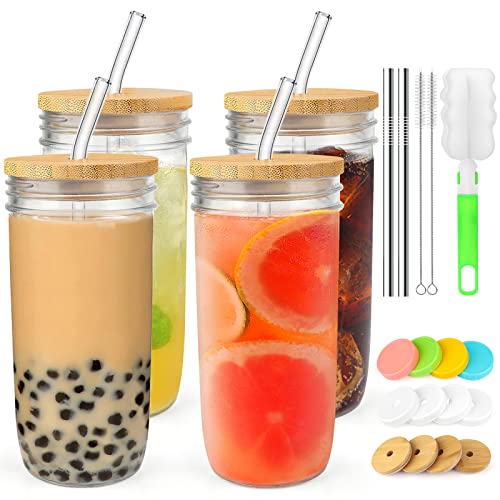 4 Pack Glass Cups Set - 24oz Mason Jar with Bamboo Lids and Glass Straw & 12 Airtight Lids, Brush - Boba Drinking Glasses, Reusable Travel Tumbler Bottle for Iced Coffee, Smoothie, Bubble Tea, Gift
