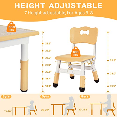 AuAg Kids Table and 4 Chairs Set, Height Adjustable Toddler Study Table and Chair Set for Age 2-10, Multi-Activity Art Table W/Graffiti&Scrubtable Desktop, for Daycare, Classroom, Home (Natural)