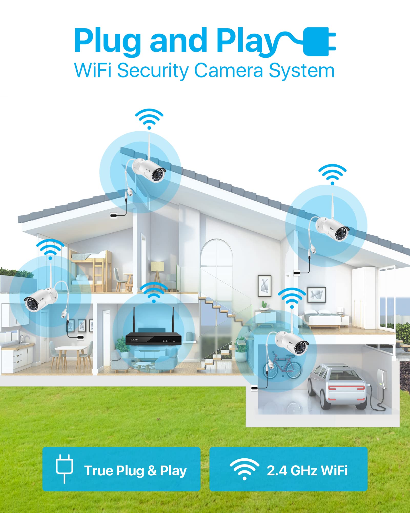 ZOSI 8CH 2K WiFi Security Camera System with 1TB HDD,3MP H.265+ 8 Channel NVR Recorder,4pcs 3MP Outdoor WiFi IP Cameras,Night Vision,Smart Motion Detection,Remote Access,for Home 24/7 Recording
