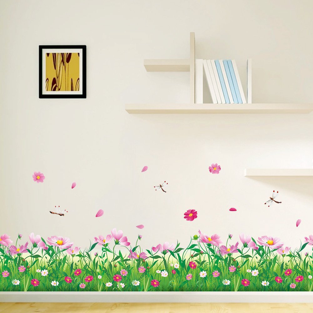 Amaom® Removable Beautiful Nursery Pink Butterfly Flowers Baseboard Wall Decals Murals Home Art Decor Peel Stick Wall Stickers for Wall Corner Kids Room Bedroom Living Room Decorations