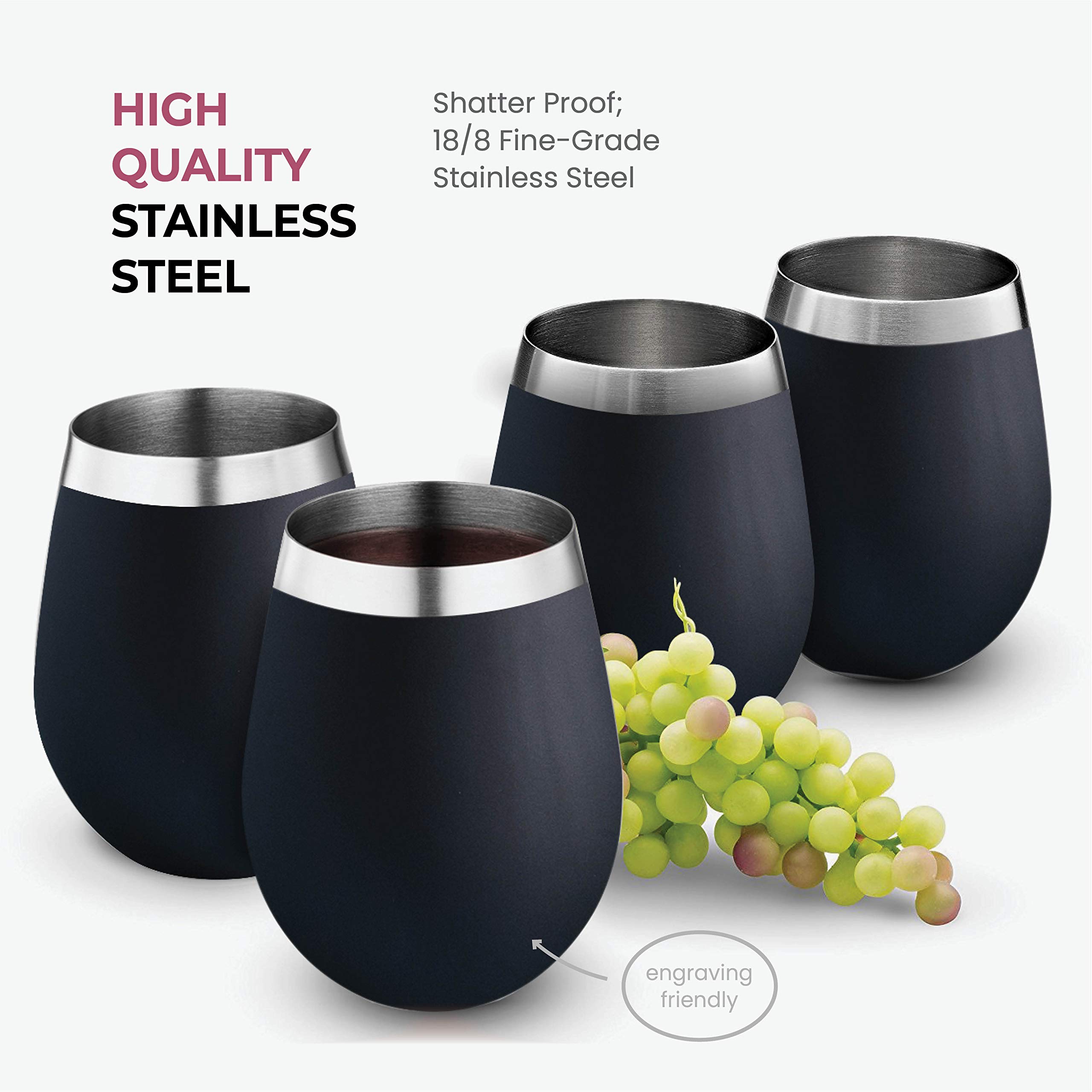 18oz Stainless Steel Stemless Wineglasses, Set of 4 - Unbreakable, Portable for Outdoor Events