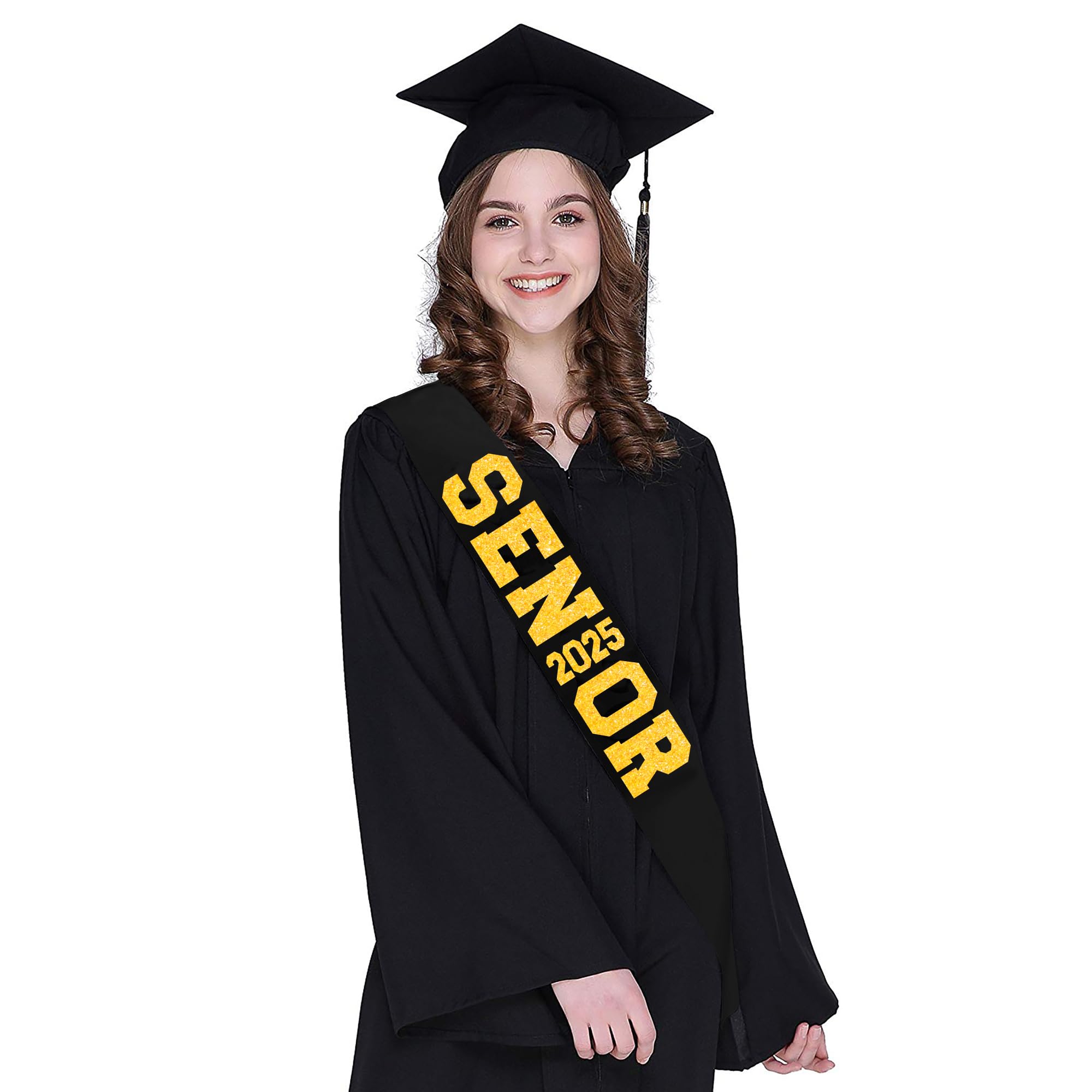 6Pcs Black Senior 2025 Satin Sashes with Gold Glitter Letters- 2025 Graduation Celebrations Sashes - Senior Cheer Sash - Cheerleader Sash - Class Competition Sashes