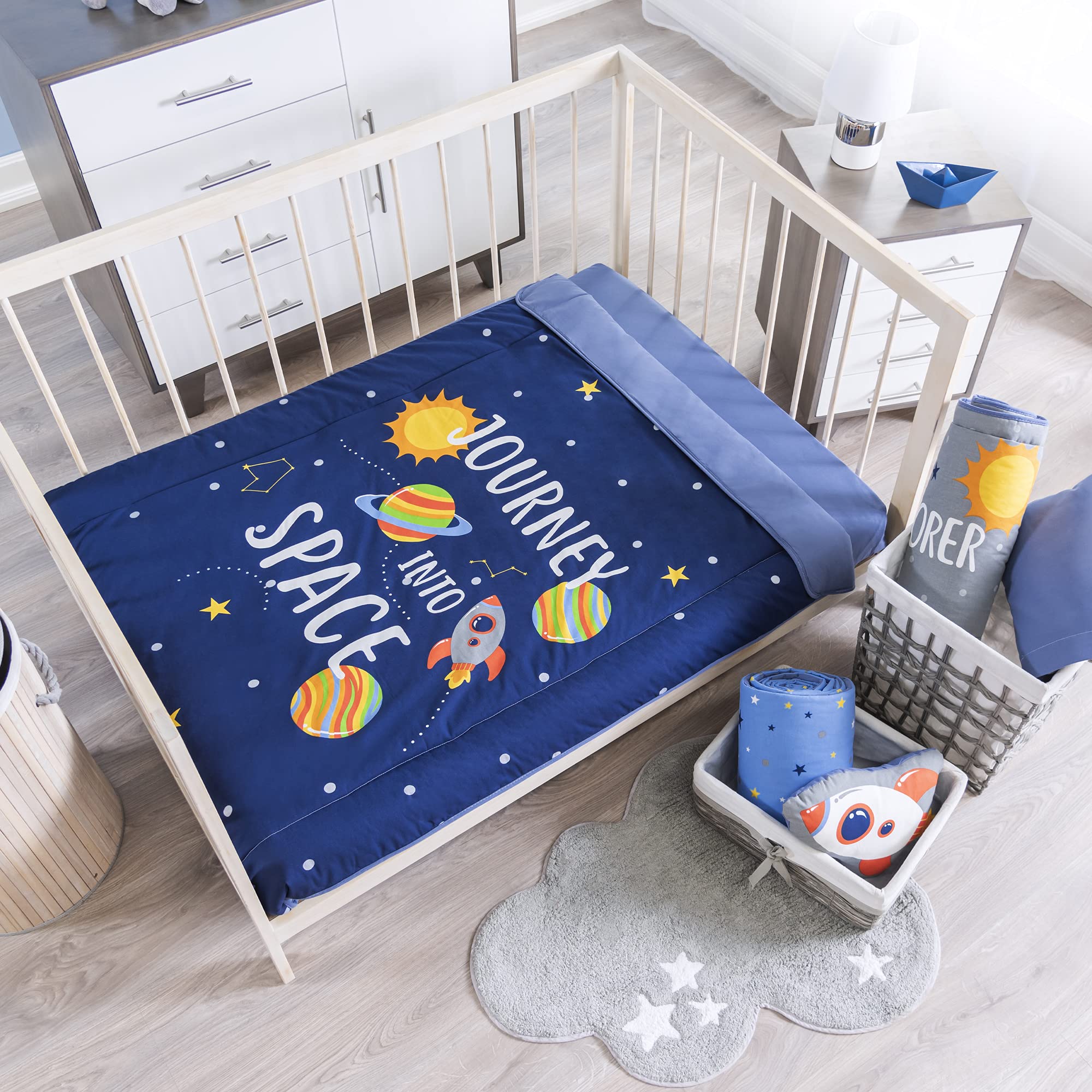 DreamPartyWorld Spaceship Bedding Crib Nursery Set Boy Blue Galaxy for Baby Shower Material: 100 Percentage Cotton 4 Pieces