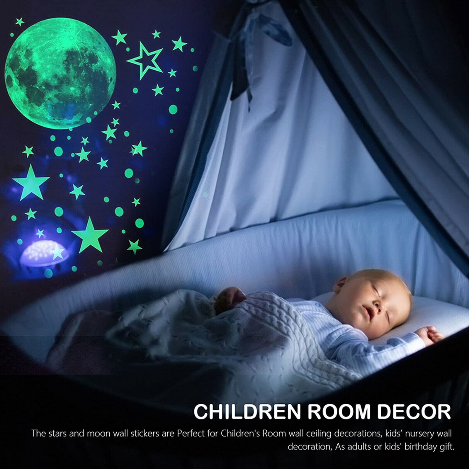 Sursarbelor Luminous Φ30cm Big Moon and Stars Dots Wall Stickers, 435 Pieces Glow in The Dark Stickers, Wall Ceiling Sticker Decals for Home Party Kids Room Decorations