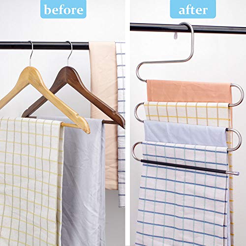 8pcs Pants Hangers S-Type Jeans Trousers Hangers Stainless Steel Clothes Hangers Closet Space Saving for Pants Jeans Scarf Organizer (Black with 10 Clips)