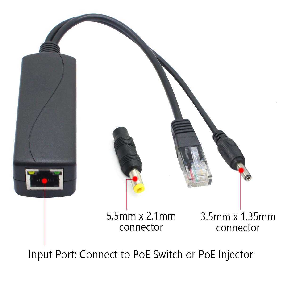 ANVISION 2-Pack 5V PoE Splitter, 48V to 5V 2.4A Adapter, Plug 3.5mm x 1.35mm, 5.5mm x 2.1mm connector, IEEE 802.3af Compliant, for IP Camera and more