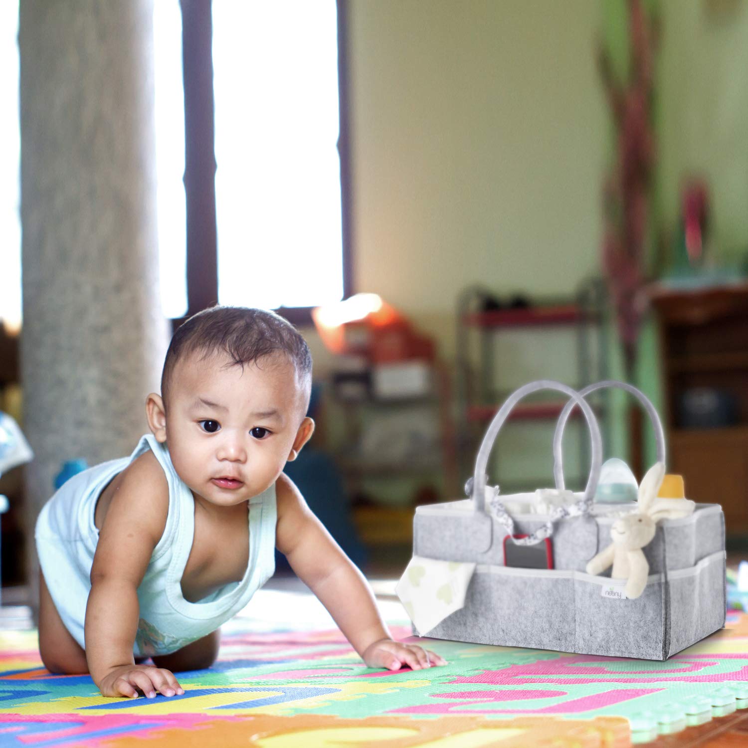 NEENY Baby Diaper Caddy Organizer β Portable Changing Table Storage Basket β Soft Felt Grey Nappy Bag Adjustable Compartments β Wipes Bottle Nursing Home & Car Travel β FREE Cotton Bib & Pacifier Clip