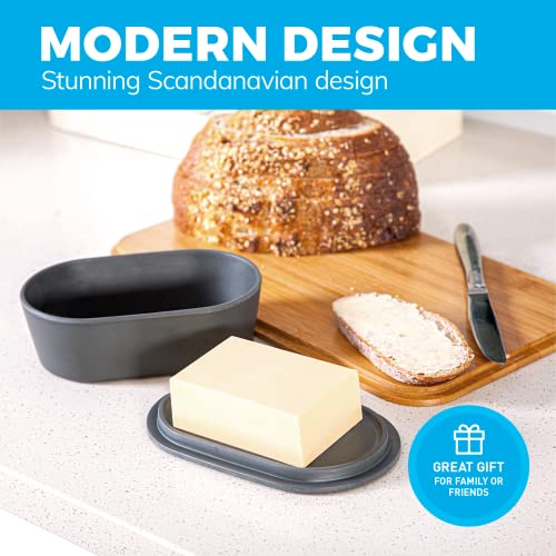 Grey Butter Dish with Lid For Countertop - Modern Bamboo Dark Grey Butter Crock - Dishwasher Safe Butter Keeper -Butter Holder Container Perfect For Large European Style Butter Such As Kerrygold