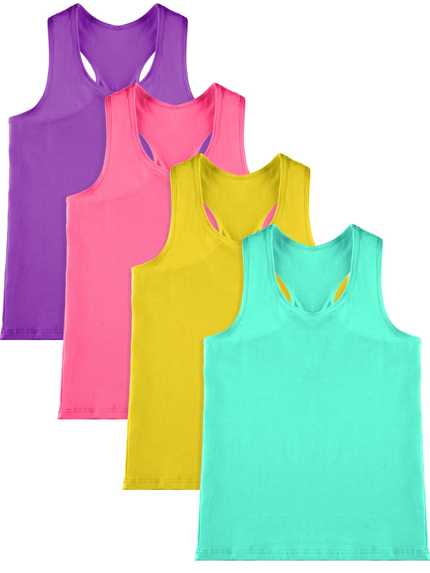 SATINIOR 4 Pieces Girls Dance Tank Tops Racerback Crop Tops Sleeveless Dance Clothes for Girls Gymnastics(7-8 Years,Violet, Red, Green, Lemon Yellow)