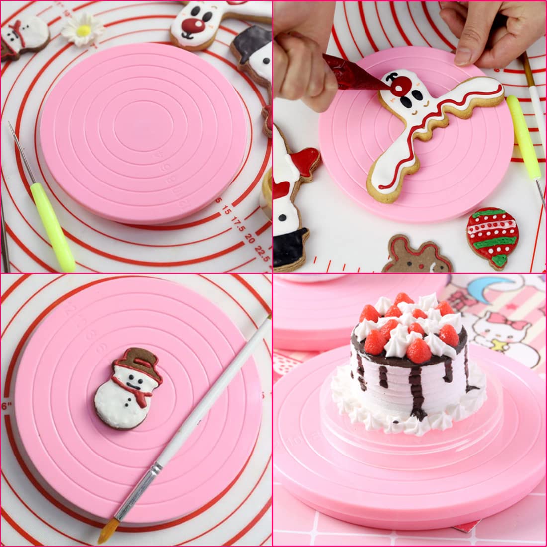 16 Pcs Cookie Decorating Kit Cookie Turntable Decorating Supplies with 2 Acrylic Cookie Turntable 6 Cookie Scribe Needle and 2 Silicone Mesh Mats 6 Cookie Decoration Brushes