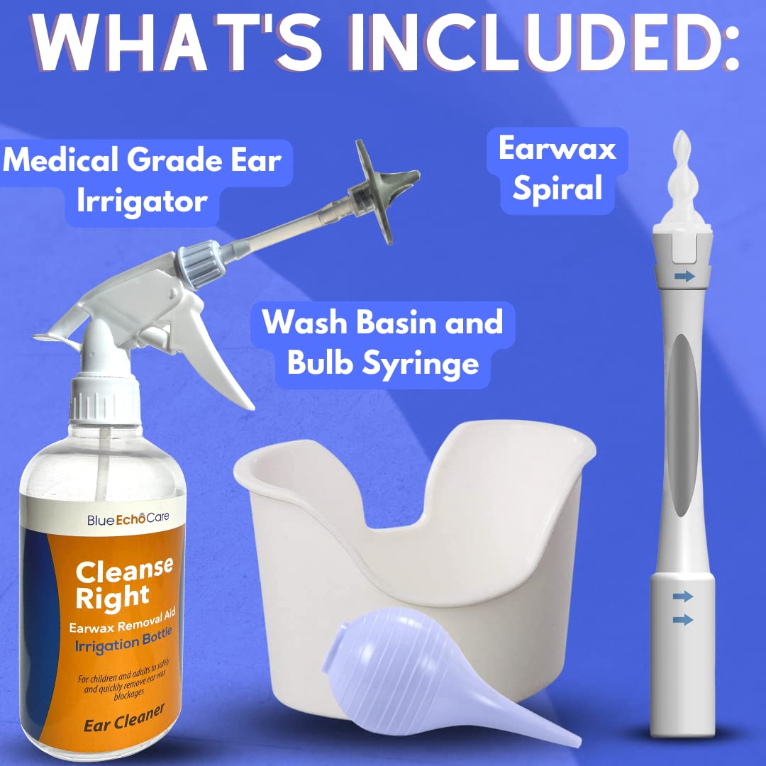 Cleanse Right - Ear Wax Removal Kit- USA MADE Ear Spiral, Cotton Swab Alternative, USA Made, Reusable, Dishwasher Friendly Tips! Wash Basin, Syringe. Cleaner Irrigation Tool to Remove Earwax Blockage