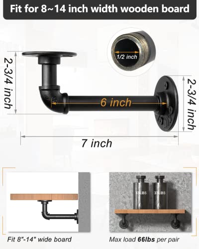LuckIn Pipe Shelf Brackets for DIY 8 10 12 14 Inch Floating Shelves, Industrial Iron Pipe Bracket, Heavy Duty Metal Shelving Brackets, Black, 6-Pack