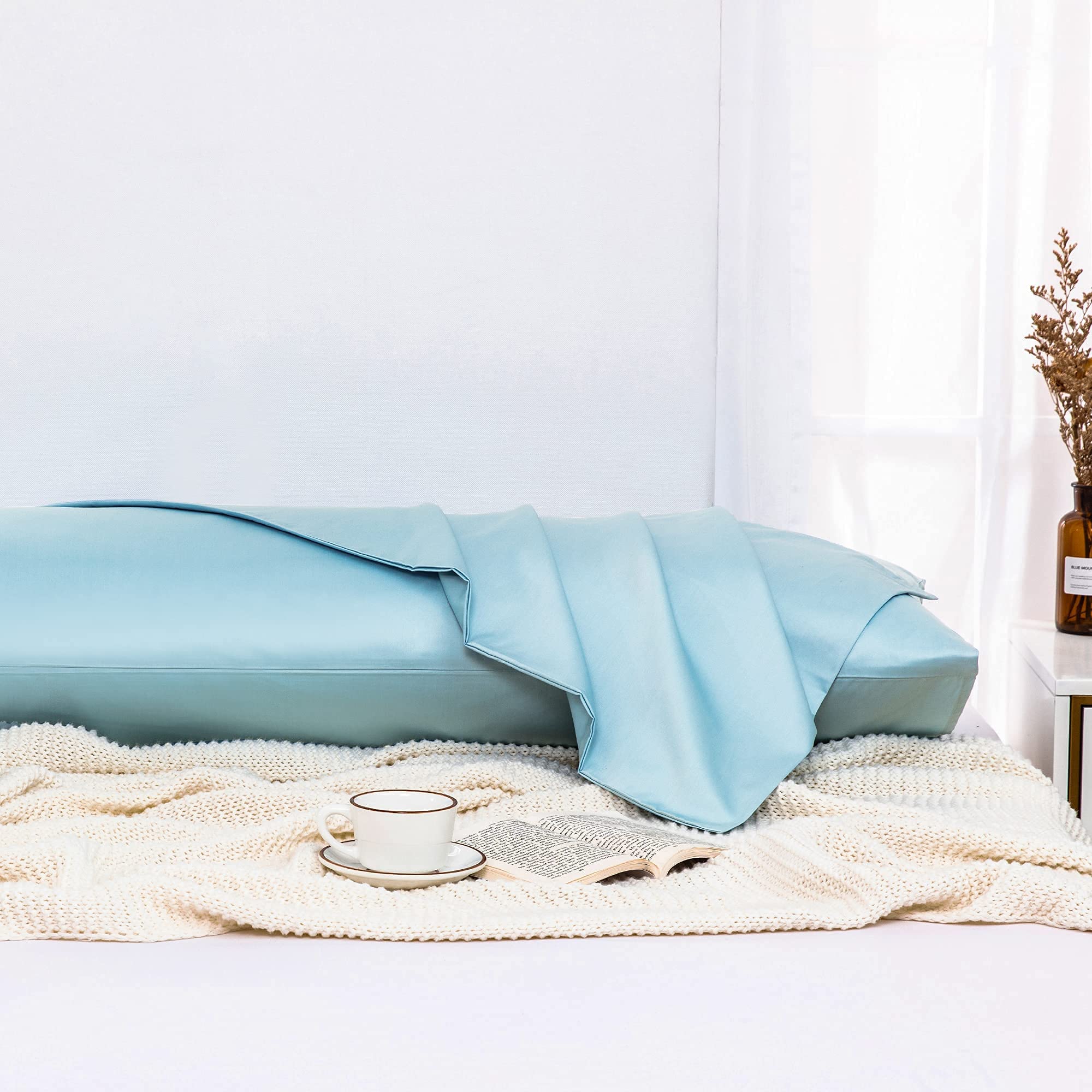 Leeden Body Pillow Cover, 100% Cotton, 800 Thread Count, Soft Breathable Long Pillow Case, Envelope Closure (Light Blue, 21"x 54")