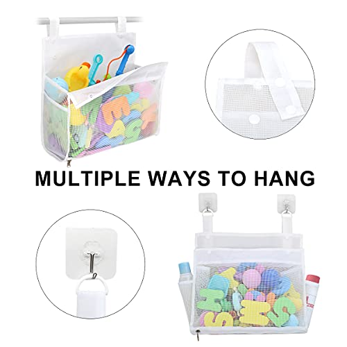 Bath Toy Organizer Multiple Ways to Hang, Extra Large Opening Bathroom Toy Holder, Bottom Zipper Bathtub Toy Storage Bag (White)