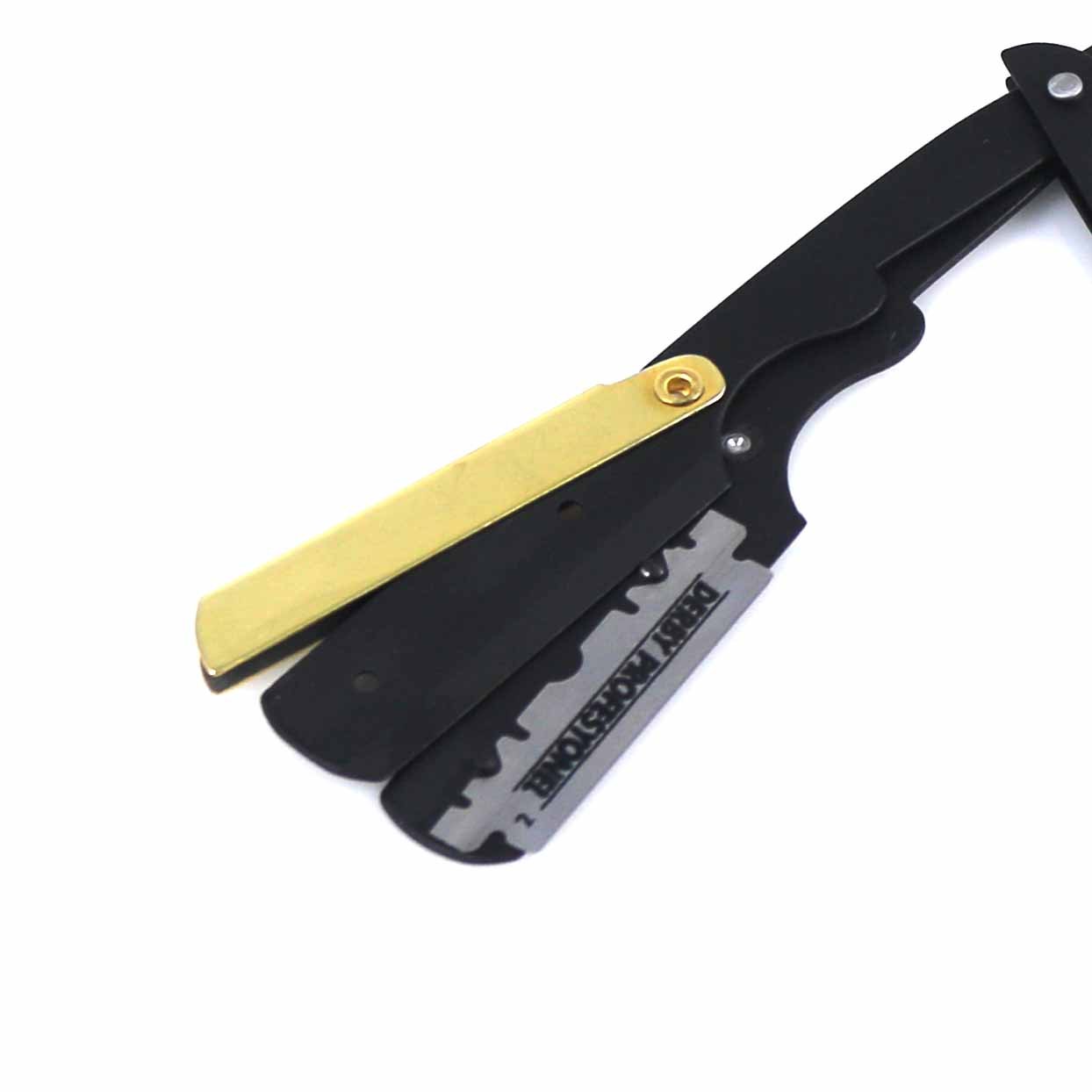 Black & Gold Combination Stainless Steel Barber Straight Edge Razor with Hi-Chromium Derby 100 Count Blades - Made of Platinum Stainless Steel - with Easy Blades Replacement Mechanism - Macs-045B1