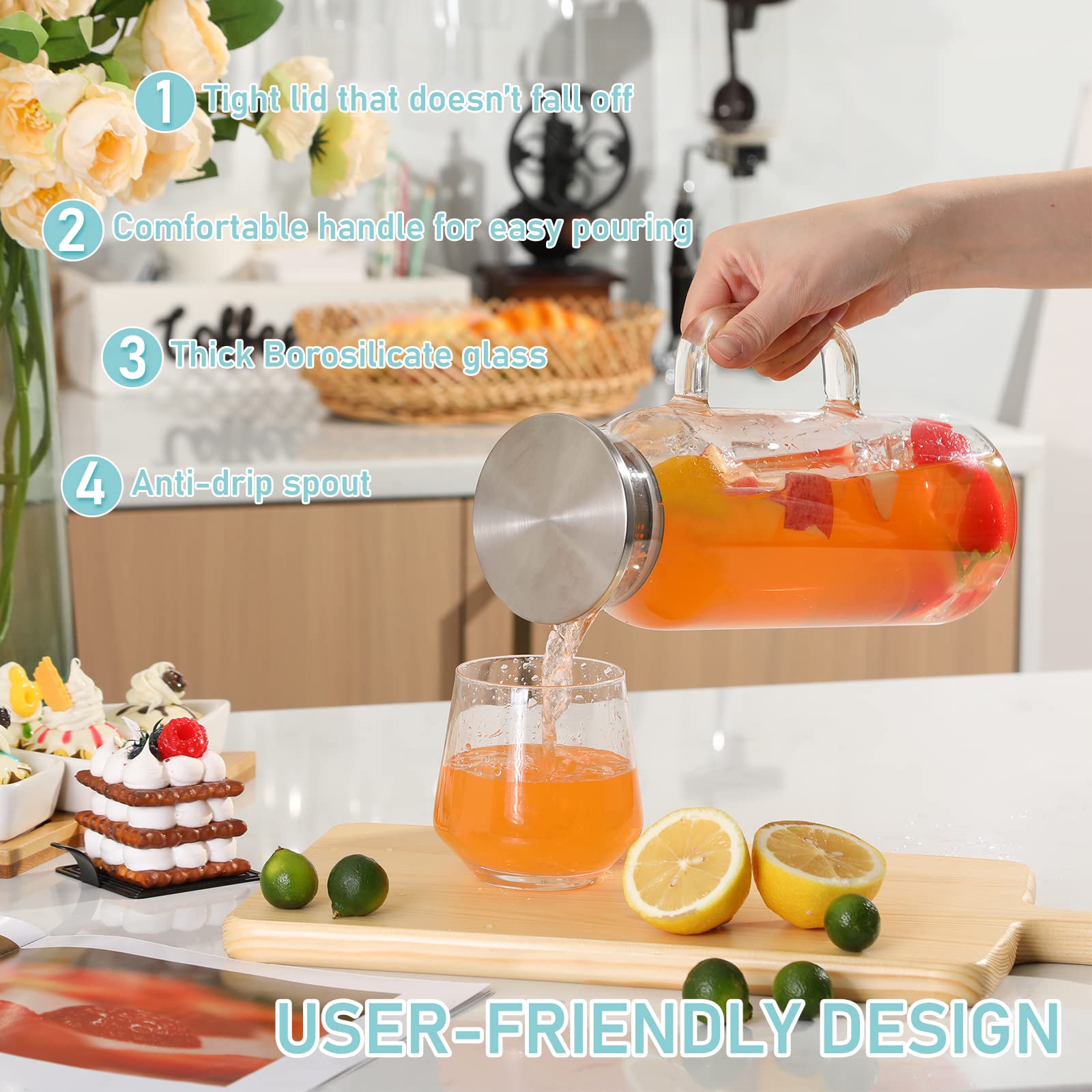 2 Pcs Glass Pitcher Water Pitcher with Lid Hot Cold Water Pitcher Bedside Water Carafe with Handle Heat Resistant Borosilicate Glass Jug for Fridge Beverage Carafe (54 oz,Stainless Steel)