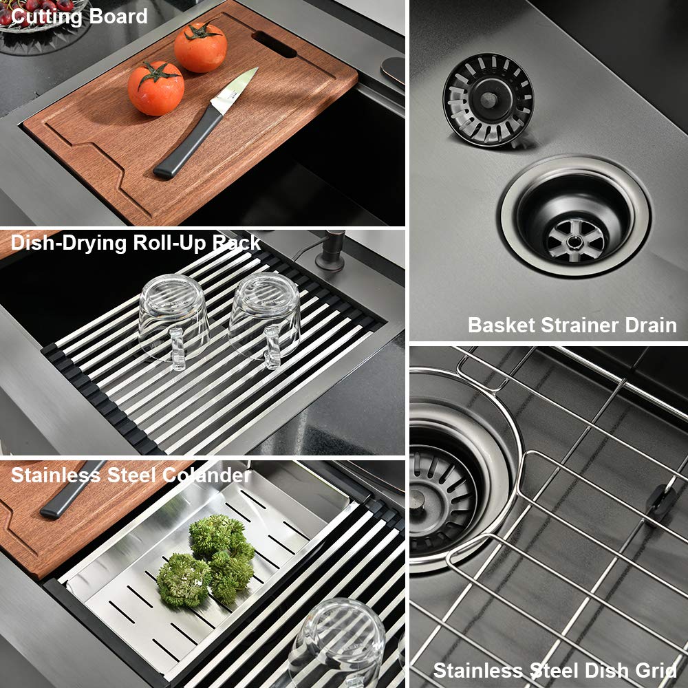 33 Inch Farmhouse Kitchen Sink Workstation Black - VOKIM 33x22 Apron Front Workstation Farmhouse Sink Stainless Steel 16 Gauge Single Bowl Gunmetal Matte Black Farm Sink