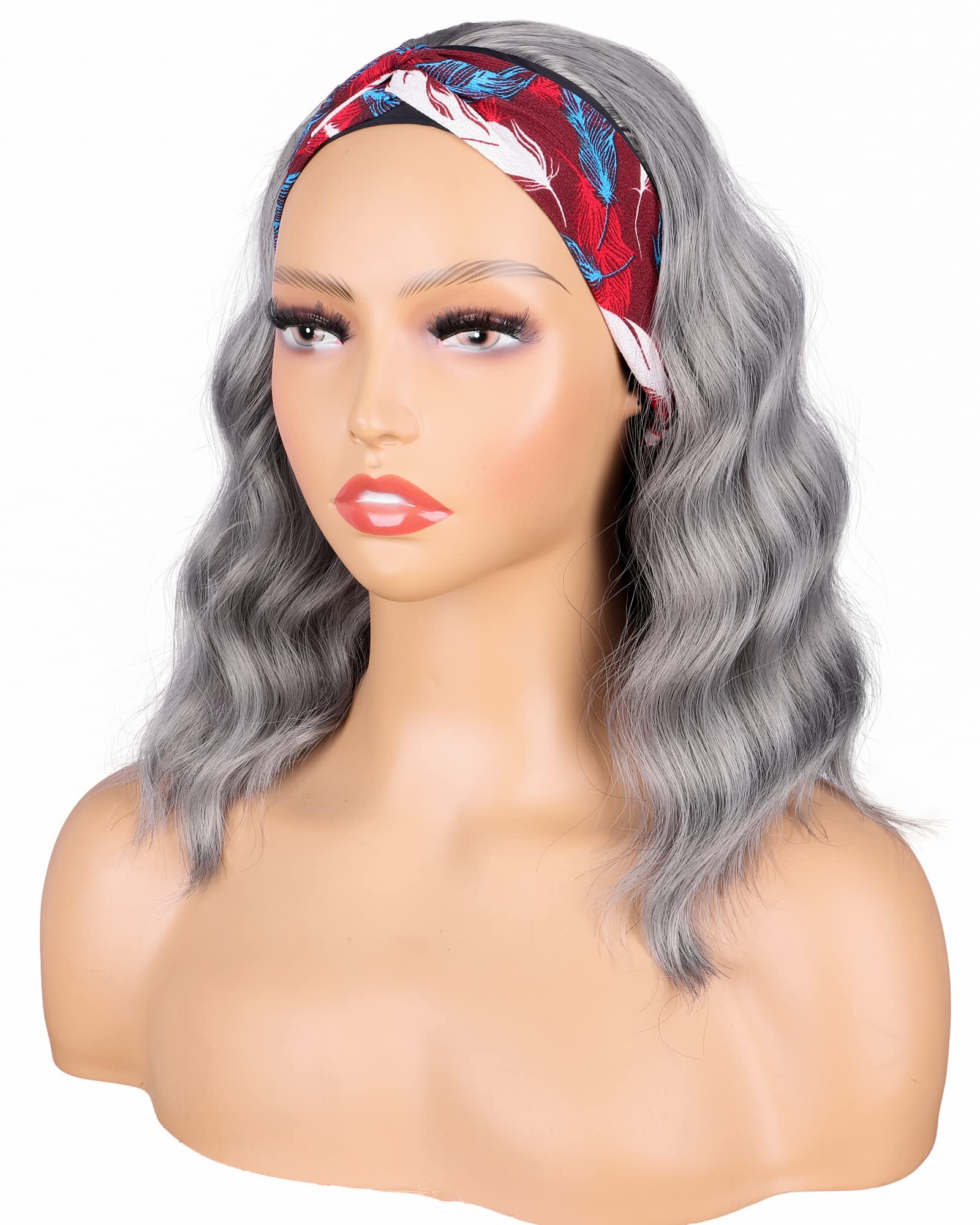 SYMEIW Silver Grey Wavy Headband Wig For Black Women Curly Half Wigs With Headband Attached Synthetic Wrap Wigs Turban Wigs For Women(Gray)…