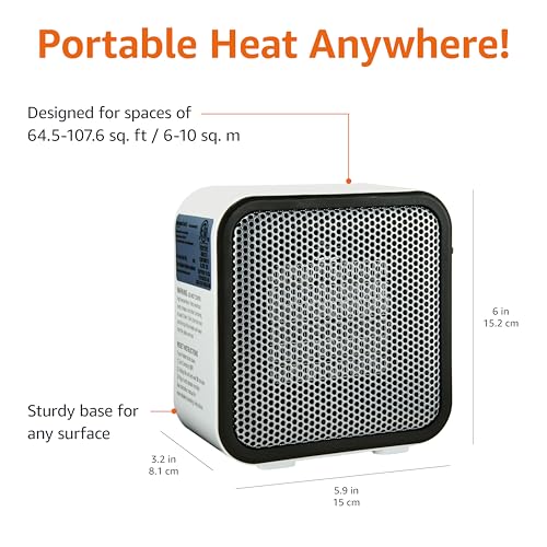 Amazon Basics Ceramic Space Heater, Mini Heater for Office Desk, 500 W, Portable Tent Heater for Camping (Indoor Use), With Tip-Over Protection, Lightweight (1.4 LBS), White, 5.9 x 3.2 x 6 inches