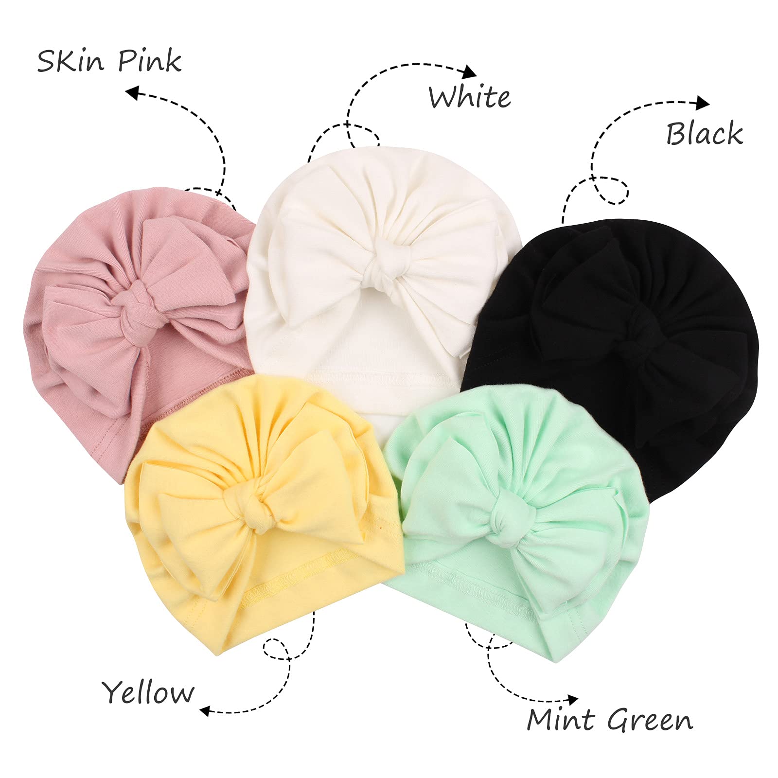 Peecabe 5-Pack Cotton Baby Hat Bow Beanie Cap for Baby Girls 0-36 Months Infant Toddler Hats Spring Summer Autumn (5PCS-B)