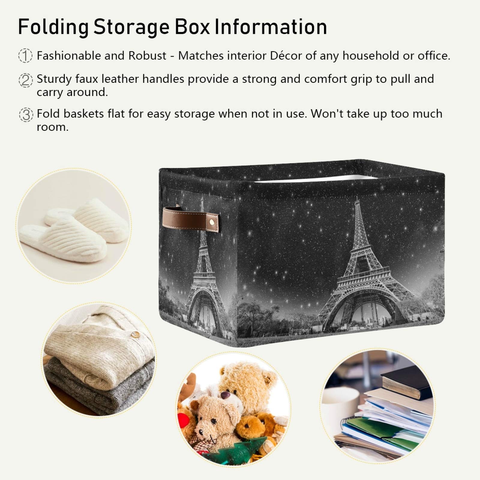 ALAZA Foldable Storage Bins, Wonderful Night View of Eiffel Tower in Paris Storage Boxes Closet Shelf Organizer for Bedroom Nursery Closet Toys Books