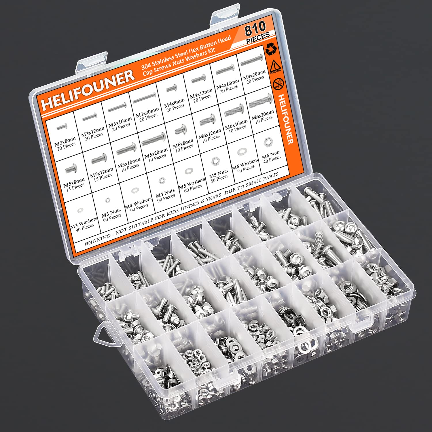 HELIFOUNER 810 Pieces M3 M4 M5 M6 304 Stainless Steel Button Head Socket Cap Metric Screws Bolts, Flat Washers and Nuts Assortment Kit with Hex Wrenches
