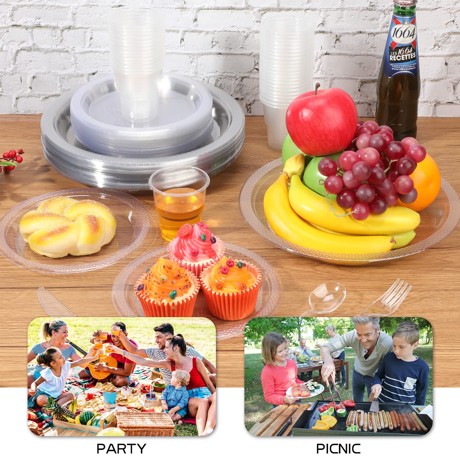 300 Pcs Clear Plastic Plates with Clear Plastic Cutlery Set, 50 Guests Disposable Plastic Utensils Plastic Silverware Clear Dinnerware Set Include Dinner Plates, Clear Cups, Forks, Spoons, Knives
