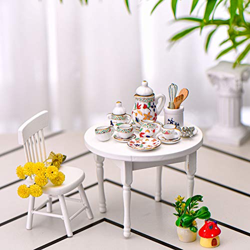 37 Pieces 1:12 Scale Miniatures Dollhouse Kitchen Accessories Include 16 Mini Doll Plates Knife Fork Spoon, 6 Mini Egg Beater Utensil, 15 Mini Tea Cup Set for Doll Toy Supplies (Flora Bloom)