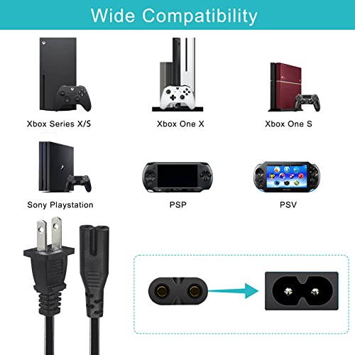 2FT Replacement 2 Prong AC Power Cable - 18 AWG 2 Slot Non-Polarization Figure 8 Power Cord Compatible with Xbox Series X/S, Xbox One S/ X PS4 PS3 PS2 Slim Game Console, for Sony Playstation /PSP/PSV