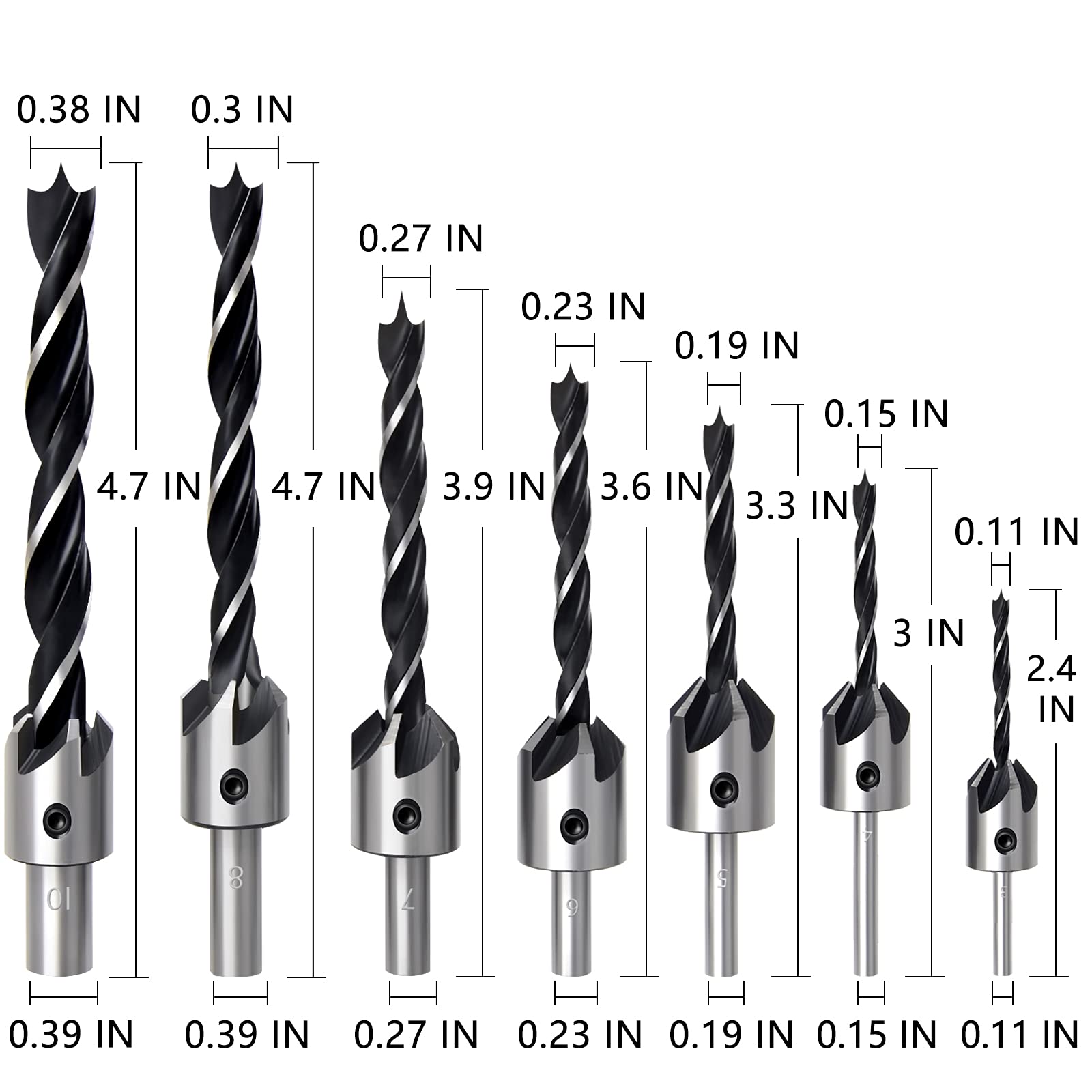 MEIGGTOOL 23pcs Woodworking Chamfer Drilling Tool, 8pcs Wood Plug Cutter Drill, 7pcs Three Pointed Countersink Drill Bit with L-Wrench, 6pcs 1/4" Hex 5 Flute 90 Degree Countersink Drill Bits