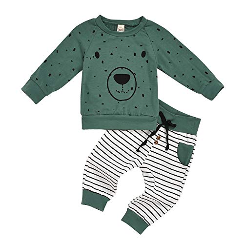 BOUTIKOME Toddler Baby Boys Outfits Infant Long Sleeve Shirts Pants Sets 0-4 Years Kids Fall Winter Sweathirt Pants Clothes (Green,12-18 M(Size:90))