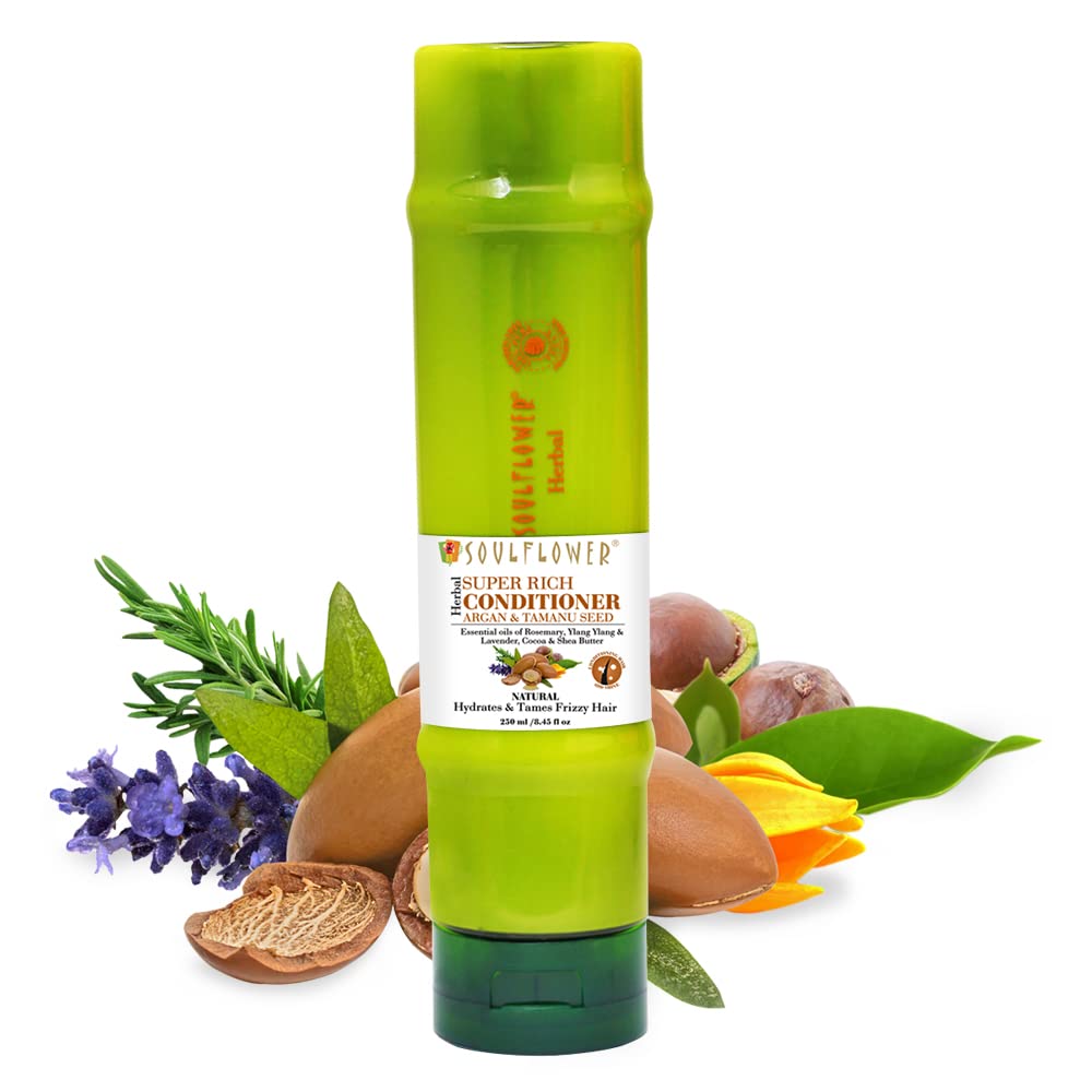 Soulflower ROSEMARY ARGAN HAIR CONDITIONER FOR FRIZZY HAIR, WITH LAVENDER ESSENTIAL OIL, TAMANU SEED, COCOA & SHEA BUTTER, SULFATE FREE, 250ML/ 8.45 FL OZ