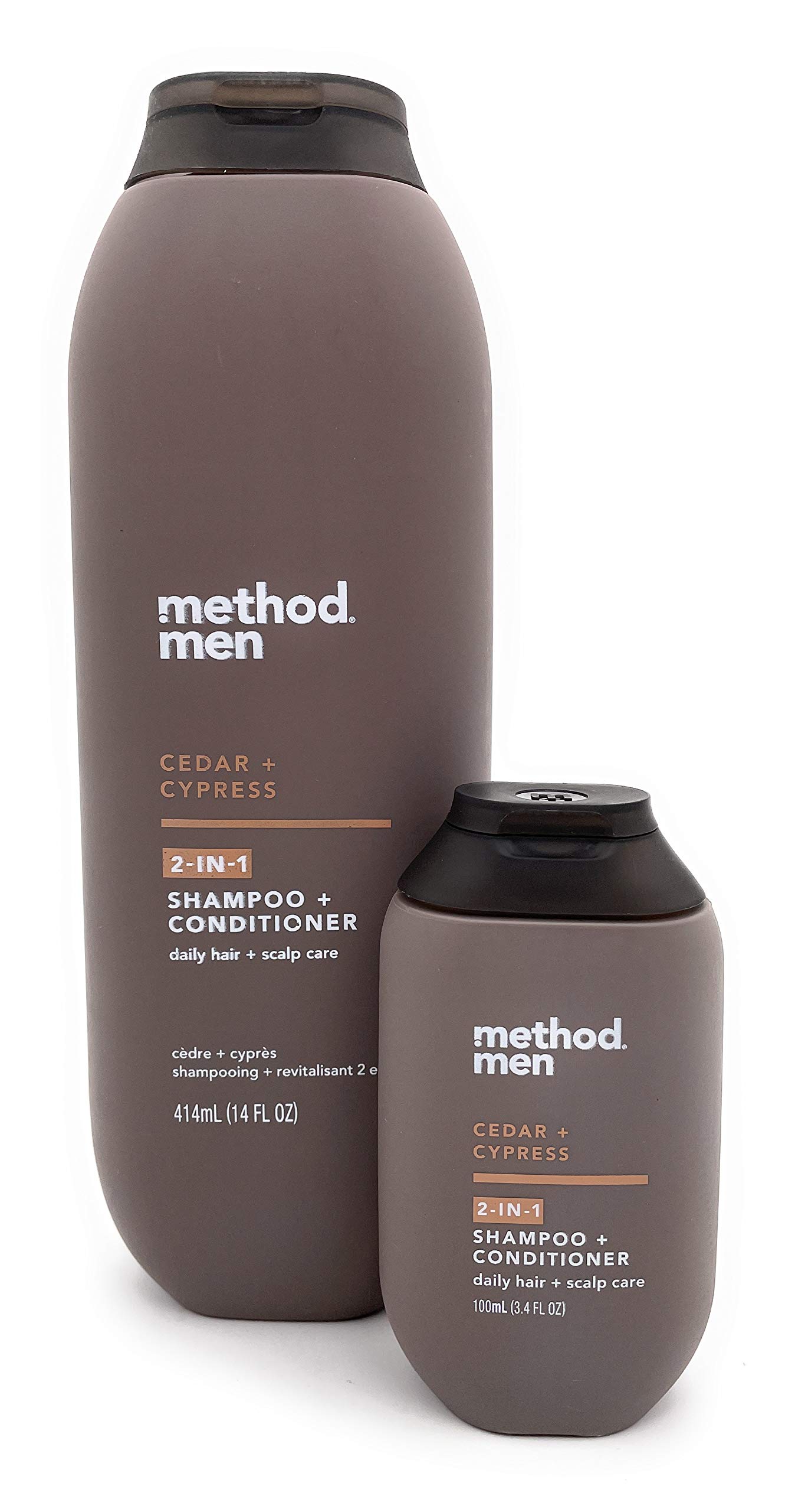 Menâs 2-in-1 Shampoo + Conditioner Bundle - Method Men Cedar + Cypress 14 Fl Oz and Travel Size 3.4 Fl Oz Bottles (2 Items)