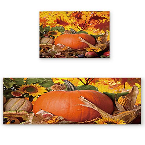 2 Pcs Kitchen Mats Runner Rug Set Anti Fatigue Standing Mat Rubber Backing Fall Pumpkin Autumn Harvest Maple Leaves Apple Print Washable Floor Mat Area Rug for Home/Office