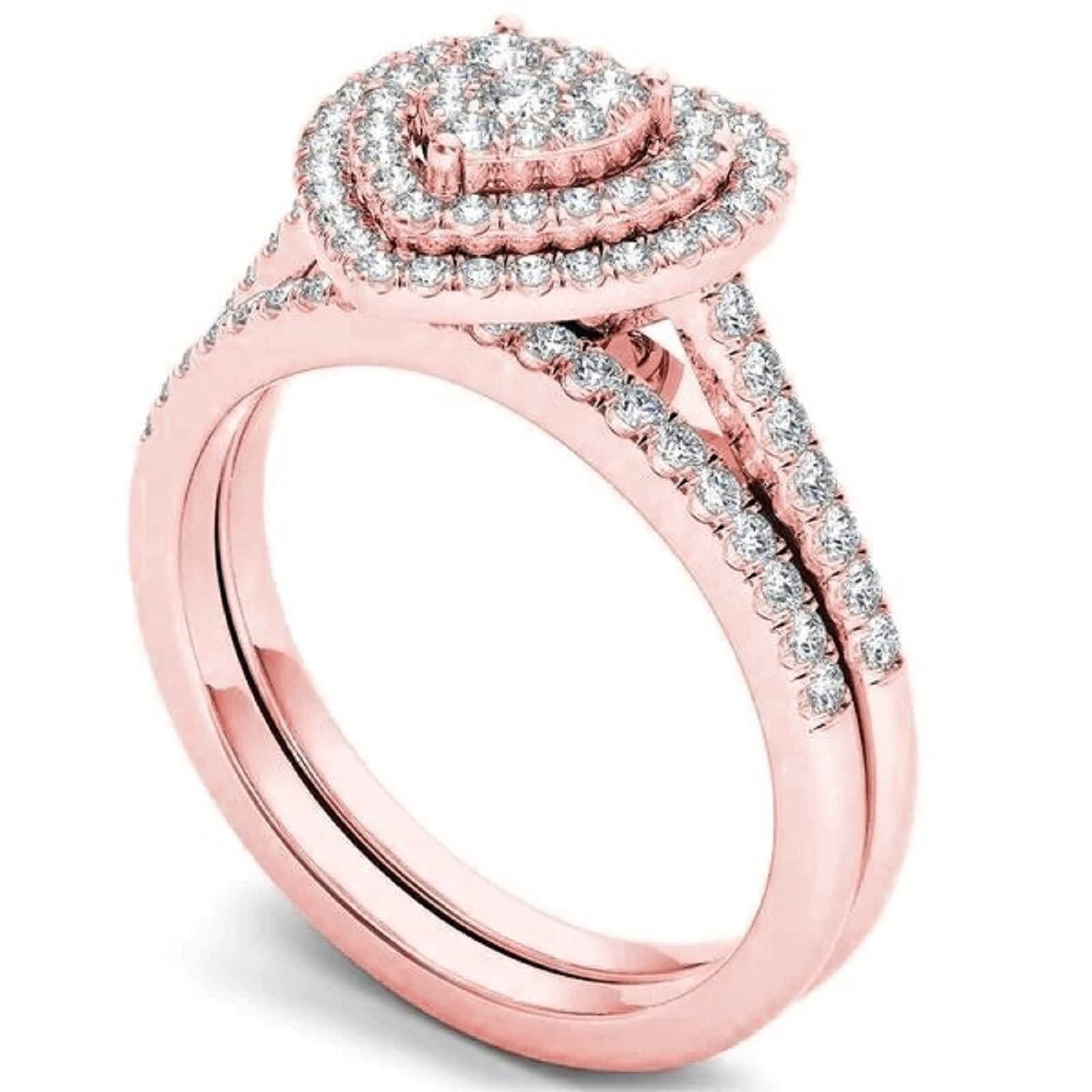 2 in 1 Full Diamond Inlaid Ring 2pc Fashion Heart Shaped Ring Engagement Wedding Jewelry Gift