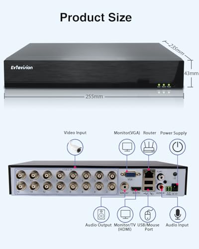 Evtevision 5MP Lite 16 Channel Security Video Recorder with Human/Vehicle Detection,16CH Hybrid 5-in-1 DVR Supports AHD/TVI/CVI/CVBS/IP Cameras for Home Business Surveillance,NO HDD
