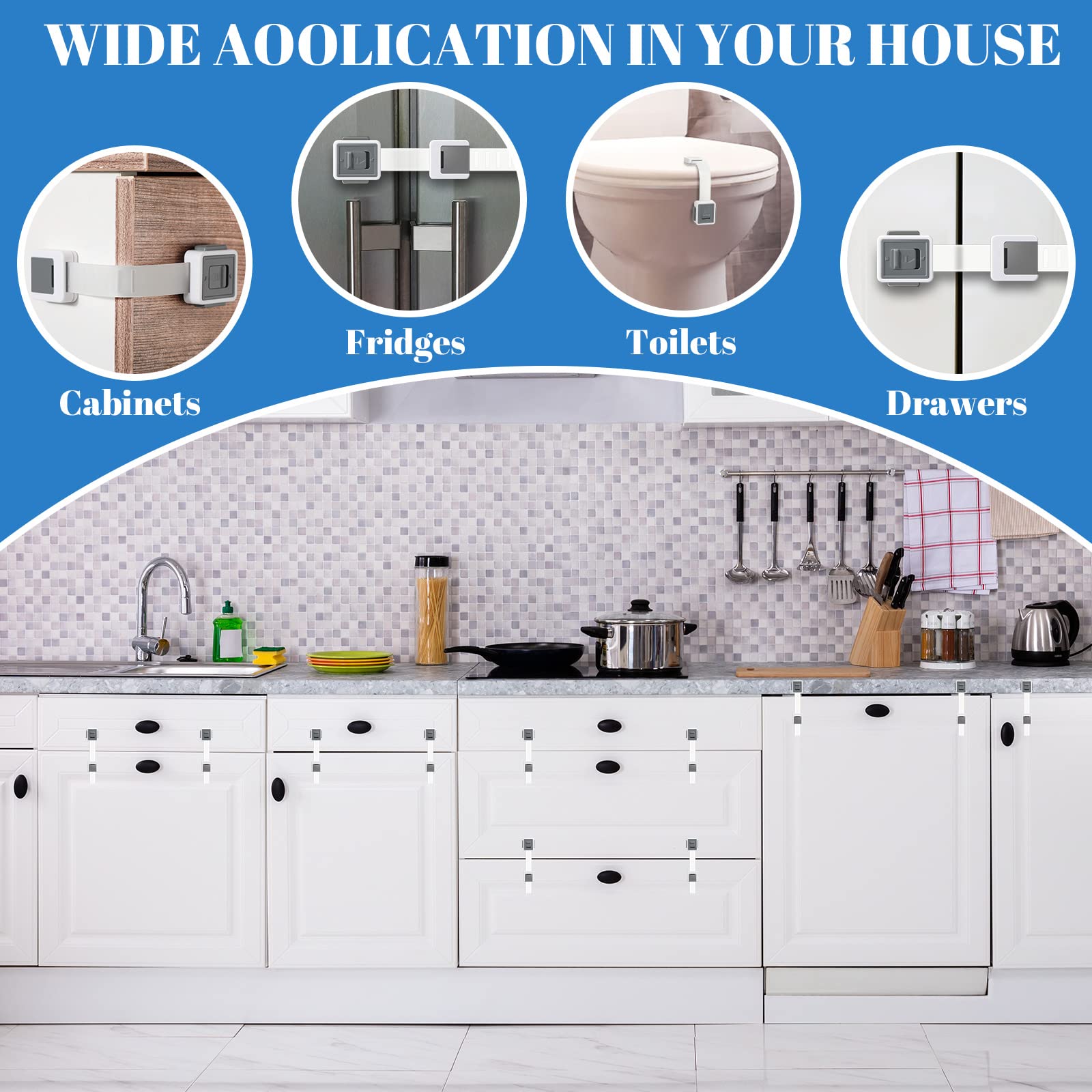 20 Pcs Cabinet Locks for Babies Double Lock Structure Child Safety Locks with 10 Adhesives Childproof Cabinet Latches Adjustable No Drilling Straps Locks for Door Drawer Fridge Kids Refrigerator Oven