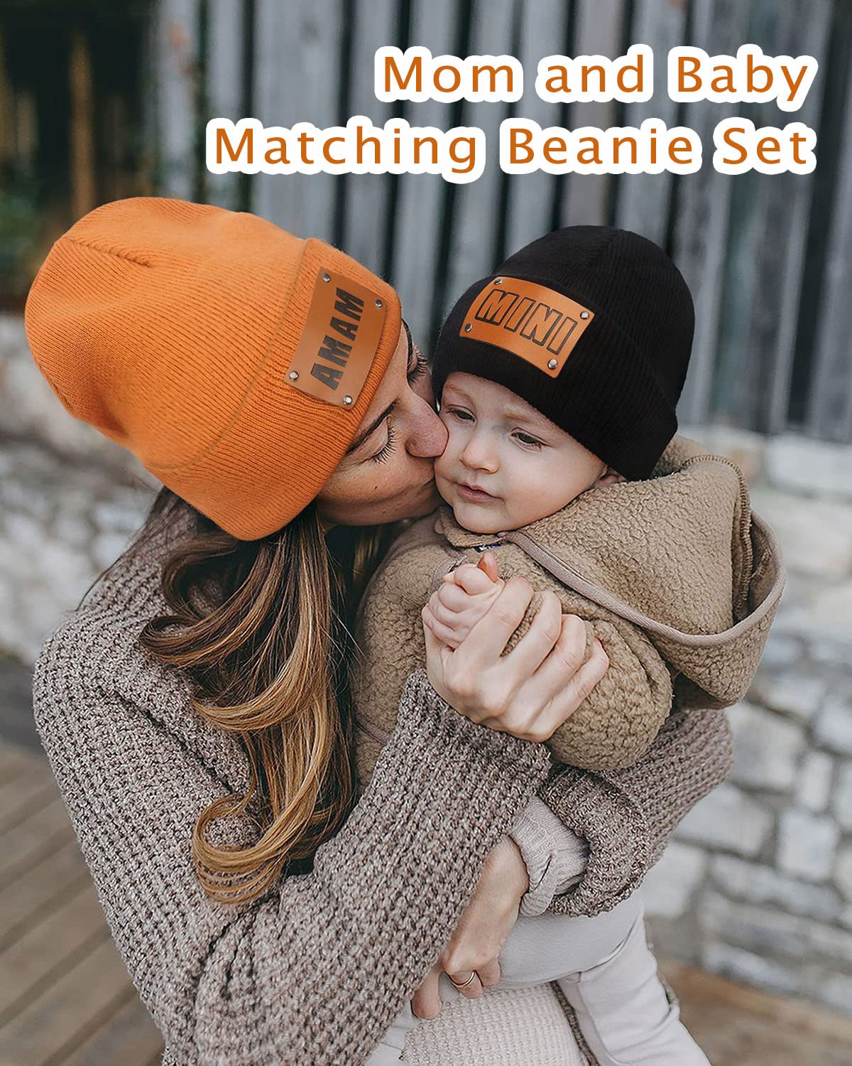 2PCS Parent-Child Beanie Hat Mama and Mini Leather Patch Knitted Hat Winter Warm Cuffed Ski Cap Black