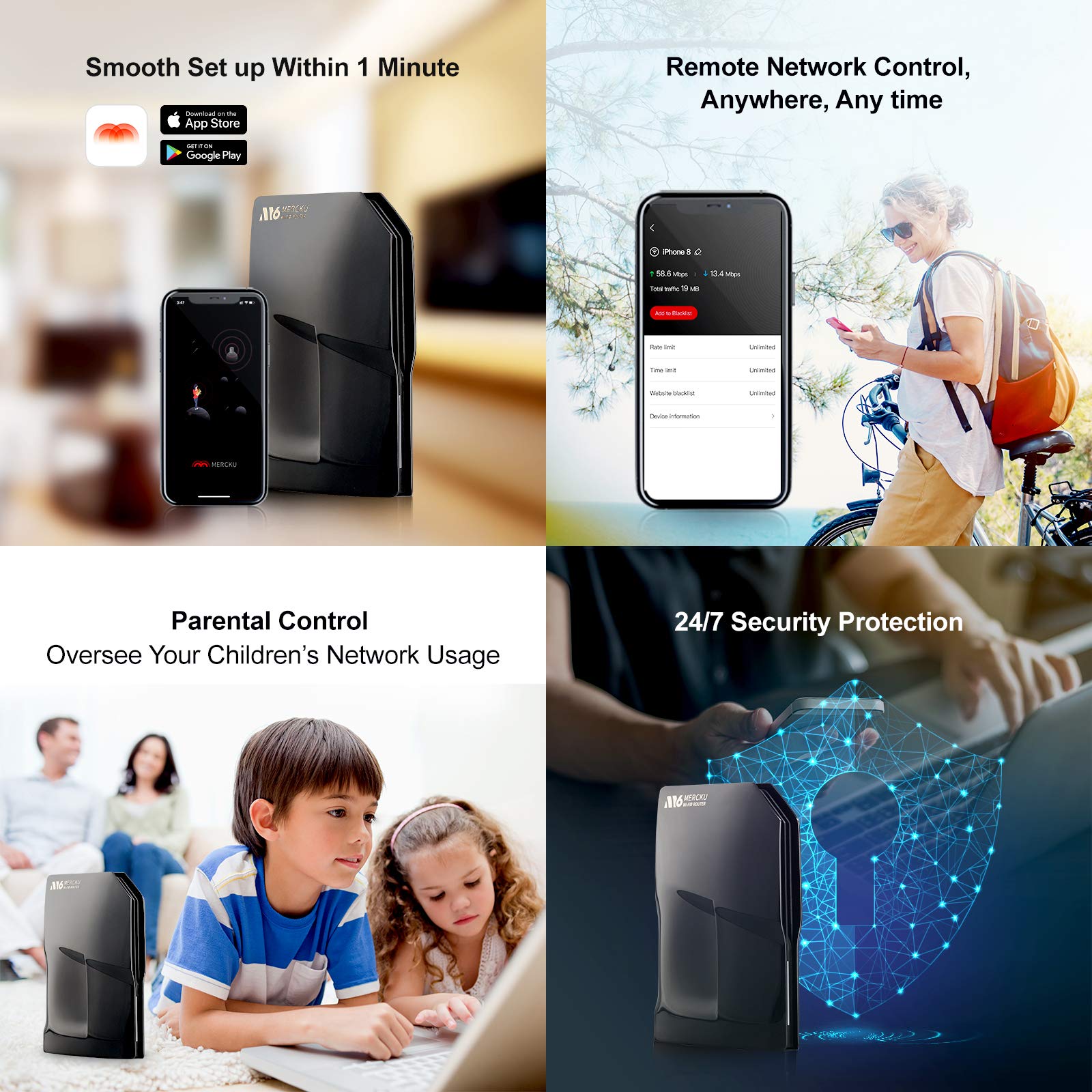 Mercku M6 Wi-Fi 6 Router for Wireless Internet Mesh Wi-Fi System 1 Pack up to 3,000 Sq.Ft. Can Add More Units to Form a Mesh Wi-Fi System, Dual-Band Gigabit Router, App Control, AX1800, Maroon Red
