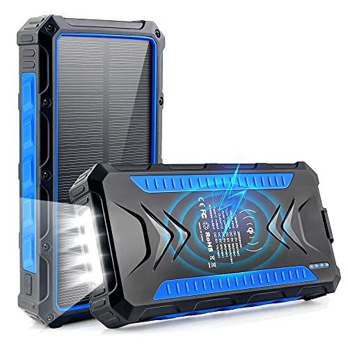 Solar Power Bank 36000mAh, Qi Wireless Charger, DJROLL Portable Solar Charger with Dual USB & Type-C Port 5V/3A Output, IP66 Waterproof Powerbank, Flashlights Cell Phone Charger for Camping Outdoor