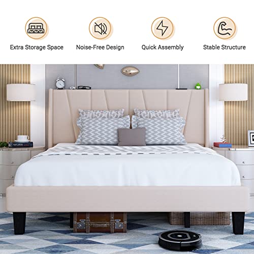 Benevika King Size Platform Bed Frame with Geometric Wingback Headboard, Wooden Slats Support, No Box Spring Needed, Easy Assembly, Gray