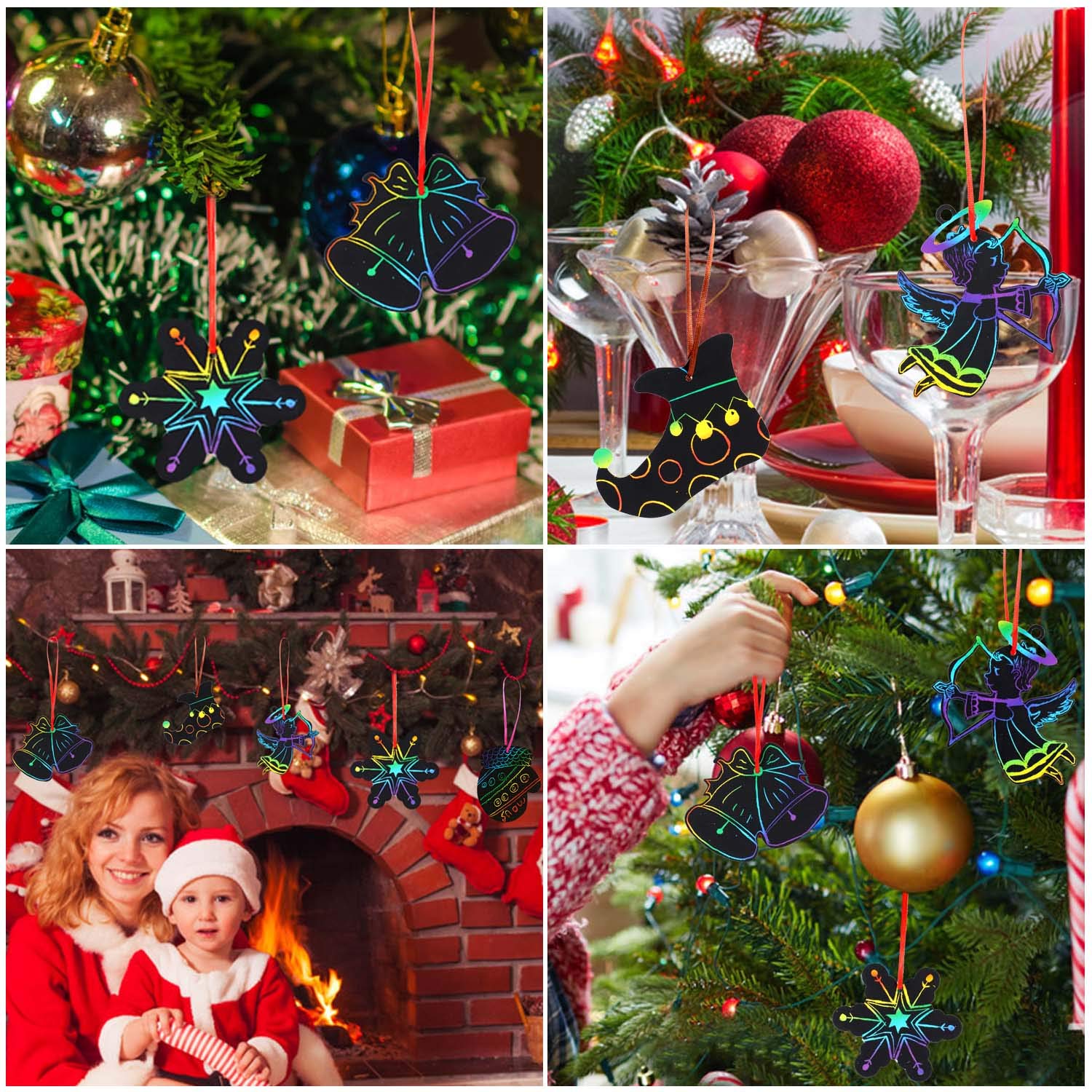 ACEHOOD 48 Sets Christmas Rainbow Scratch Paper Ornaments Kids Art Craft DIY Xmas Ornaments Christmas Party Decorations for Kids