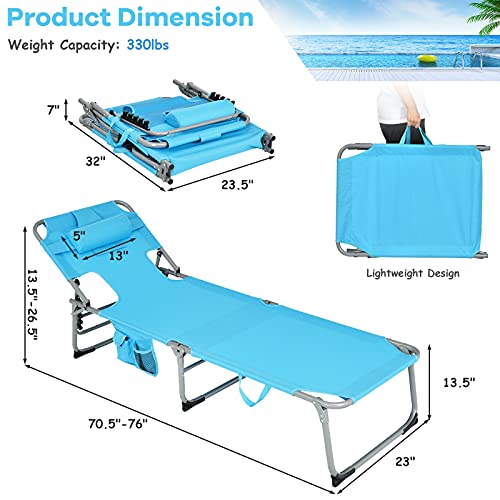 GYMAX Tanning Chair, Folding Beach Lounger with Face Arm Hole, Adjustable Backrest,Side Pocket, Removable Pillow & Carry Handle, Outside Sunbathing Lounge Chair for Patio, Poolside (1, Turquoise)