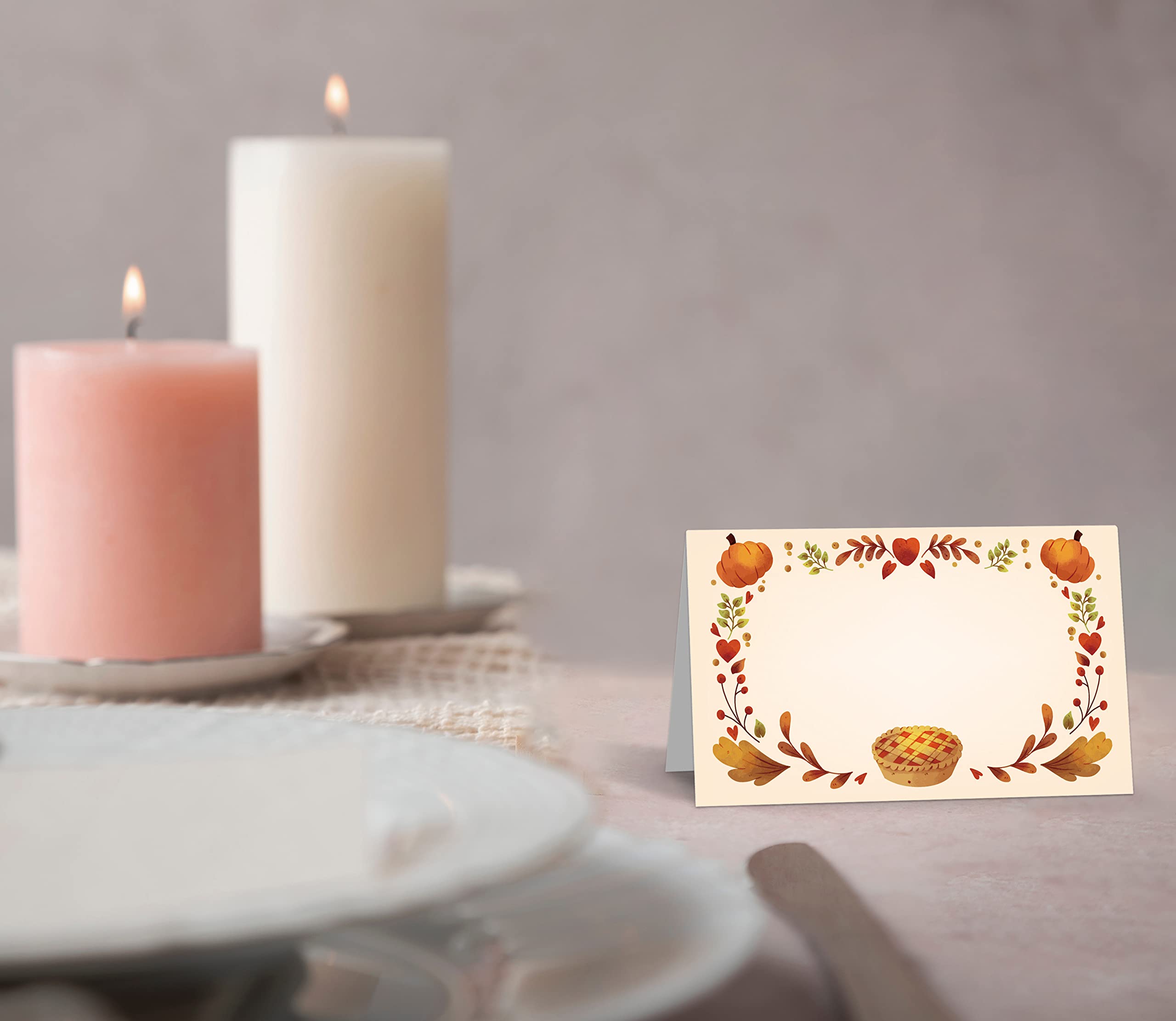 Fall Thanksgiving Table Place Cards, Orange Pumpkin Blank Seating Place Card for Table, 25 Pack Buffet Food Tent Labels, Double Design Name Cards, Thanksgiving Day Party Decorations(02)