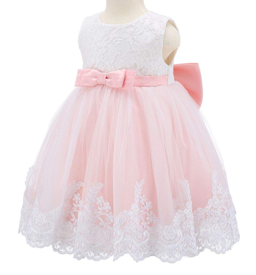 Bow Dream Baby Flower Girl Dresses Lace Bowknot Wedding Pageant Formal Tutu Gown Blush Pink 0-3 Months